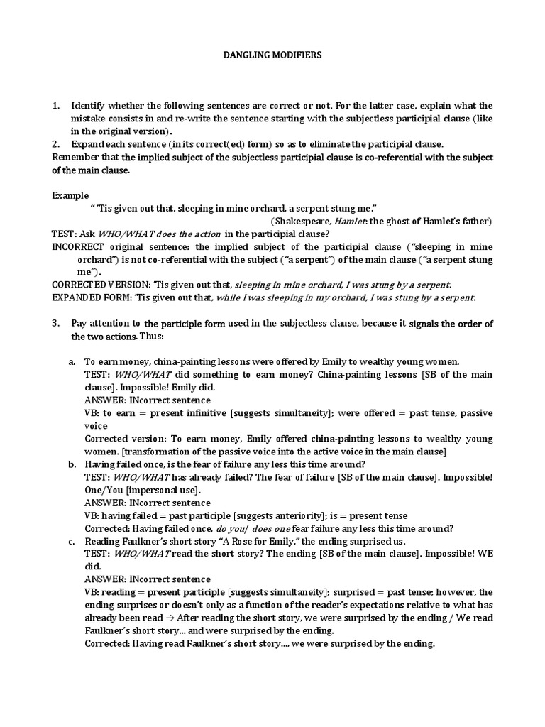 Participial Constructions (Dangling Modifiers) - Further Practice | PDF | Onomastics | Language ...