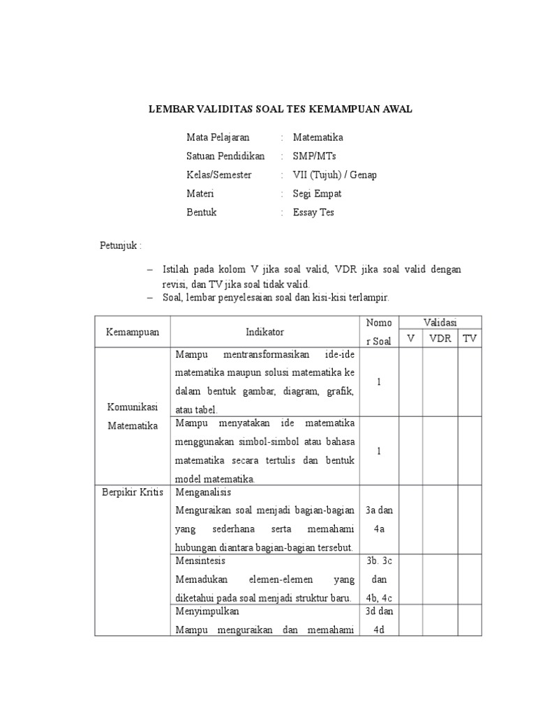 Lembar Validitas Soal Tes | PDF