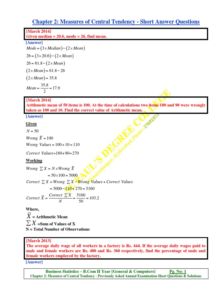 Central Tendency Questions & Solutions | PDF | Arithmetic Mean | Mean