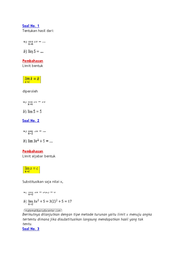Soal Limit Fungsi Aljabar dan Pembahasan | PDF | Sains & Matematika