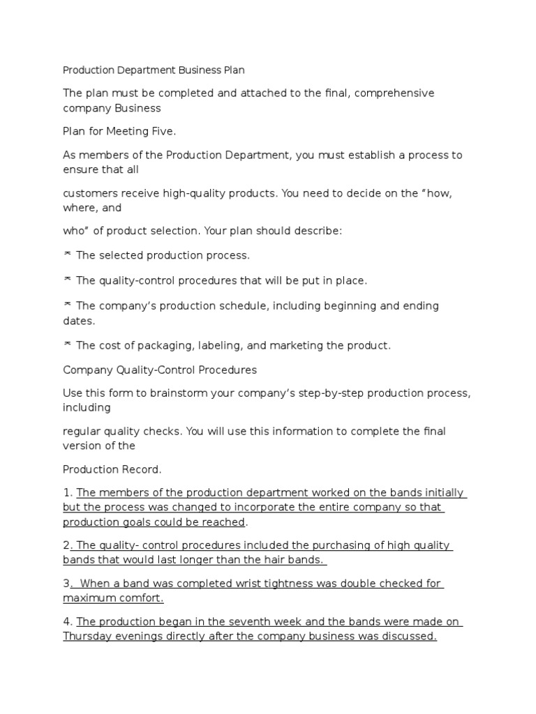 Production Department Business Plan | PDF