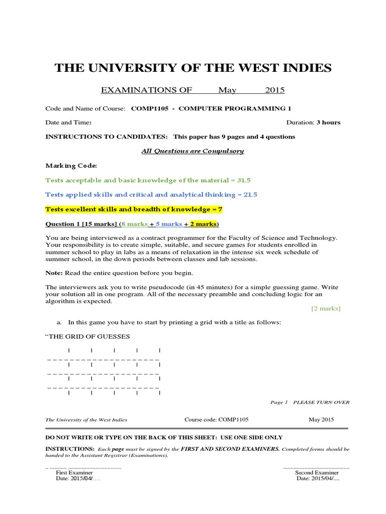 UWI COMP1105 Past Paper Pseudocode for Guessing Game | PDF | Subroutine ...