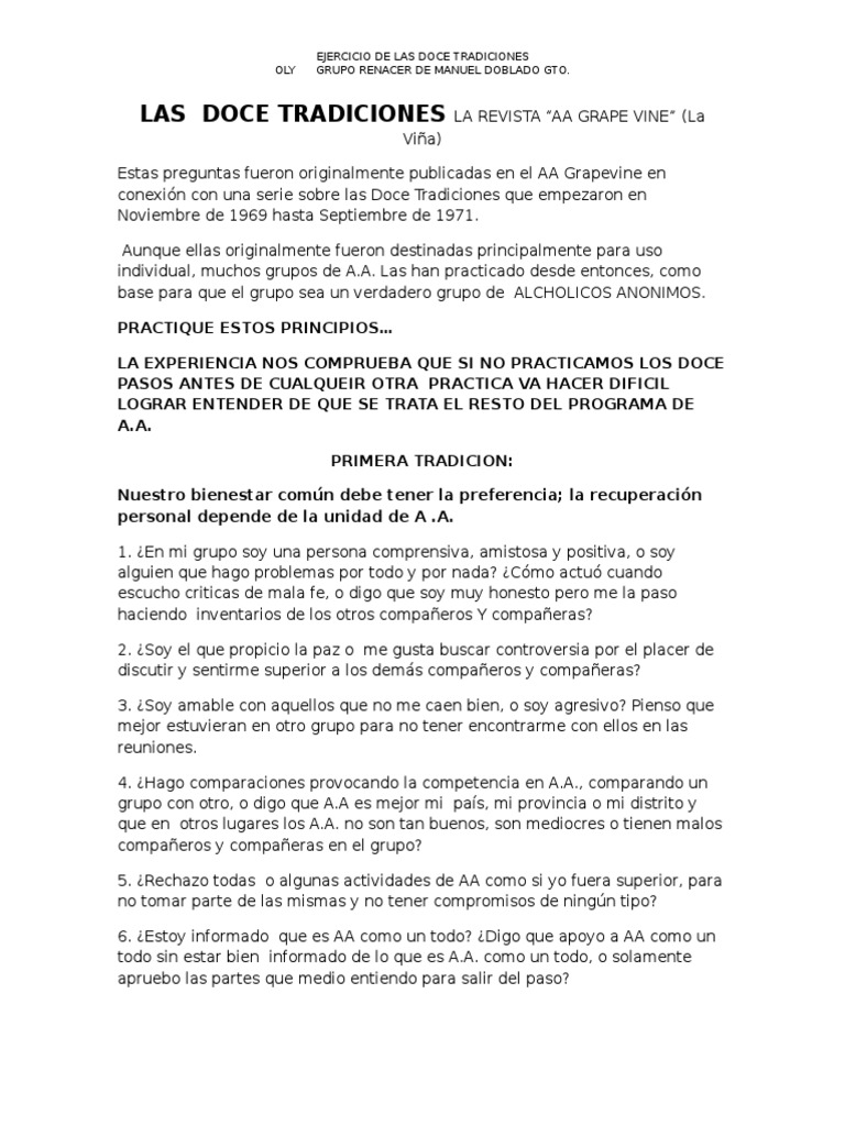 Ejercicio de las 12 Tradiciones | PDF | Programa de doce pasos | Ejercicio físico