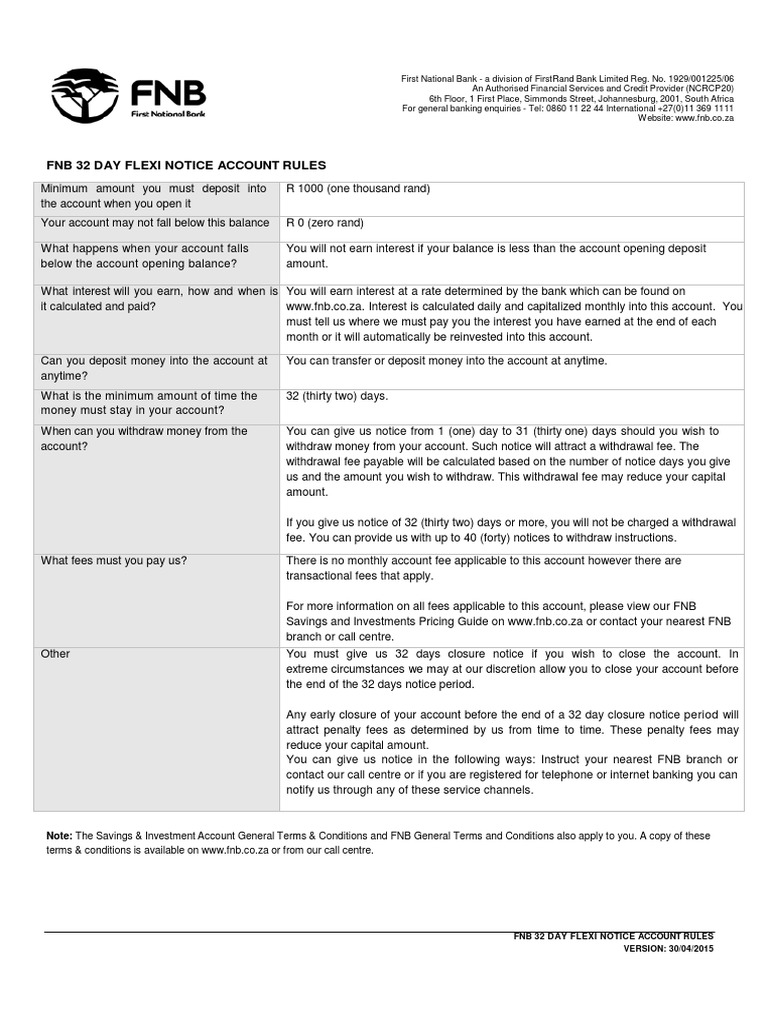 FNB 32 Day Flexi Notice Account Guide | PDF | Fee | Interest