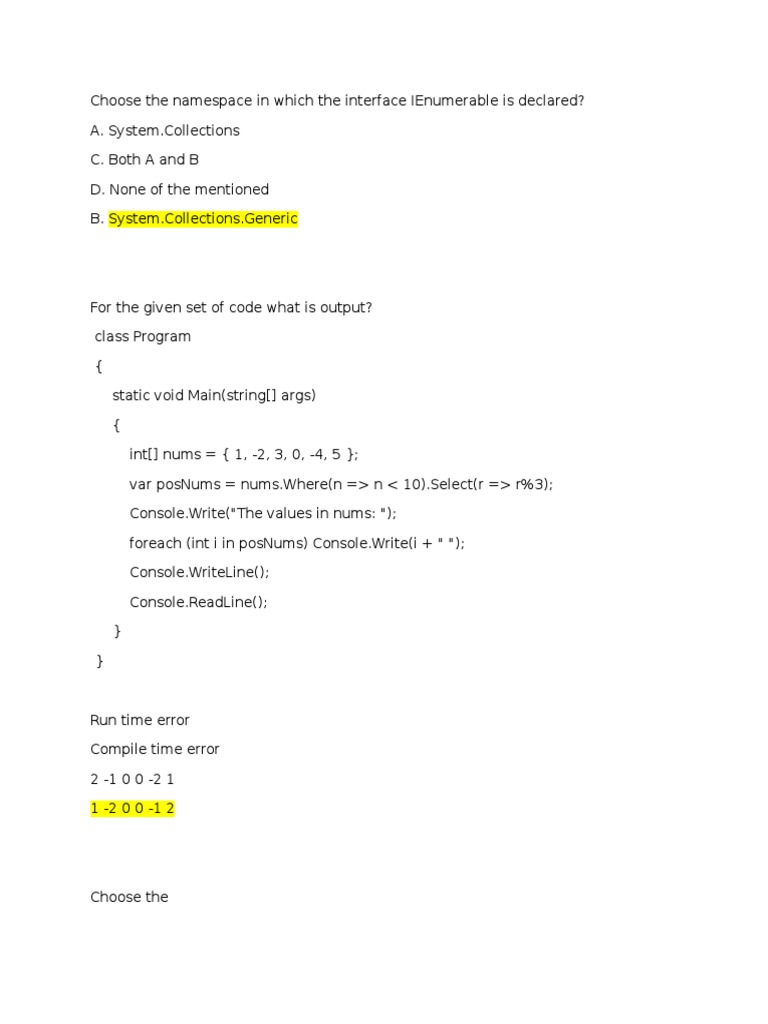 Choose the namespace in which the interface IEnumerable is declared | PDF | Command Line ...