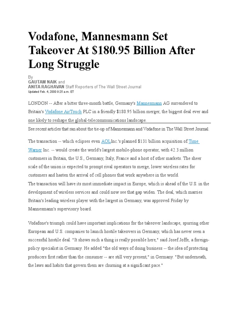 Vodafone-Mannesmann Merger Creates World's Largest Mobile Operator ...