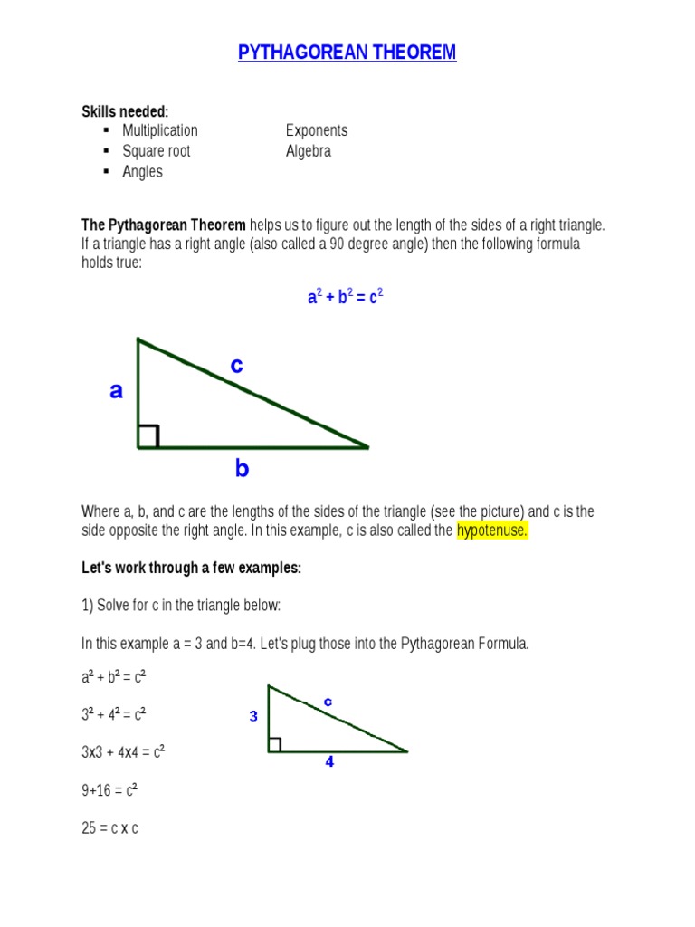 Pythagorean Theorem: Skills Needed | PDF | Science & Mathematics