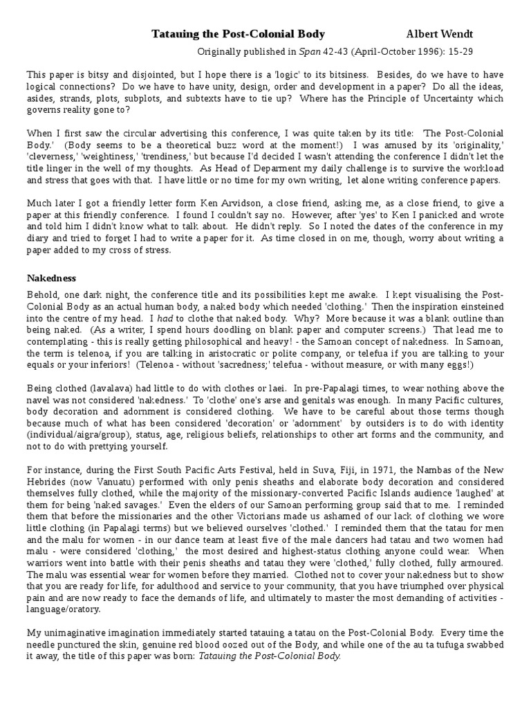 Tatauing The Post-Colonial Body - Albert Wendt | PDF | Samoa