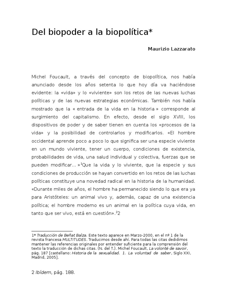 Lazzarato, M - ''Del Biopoder a La Biopolítica'' | PDF | Michel ...