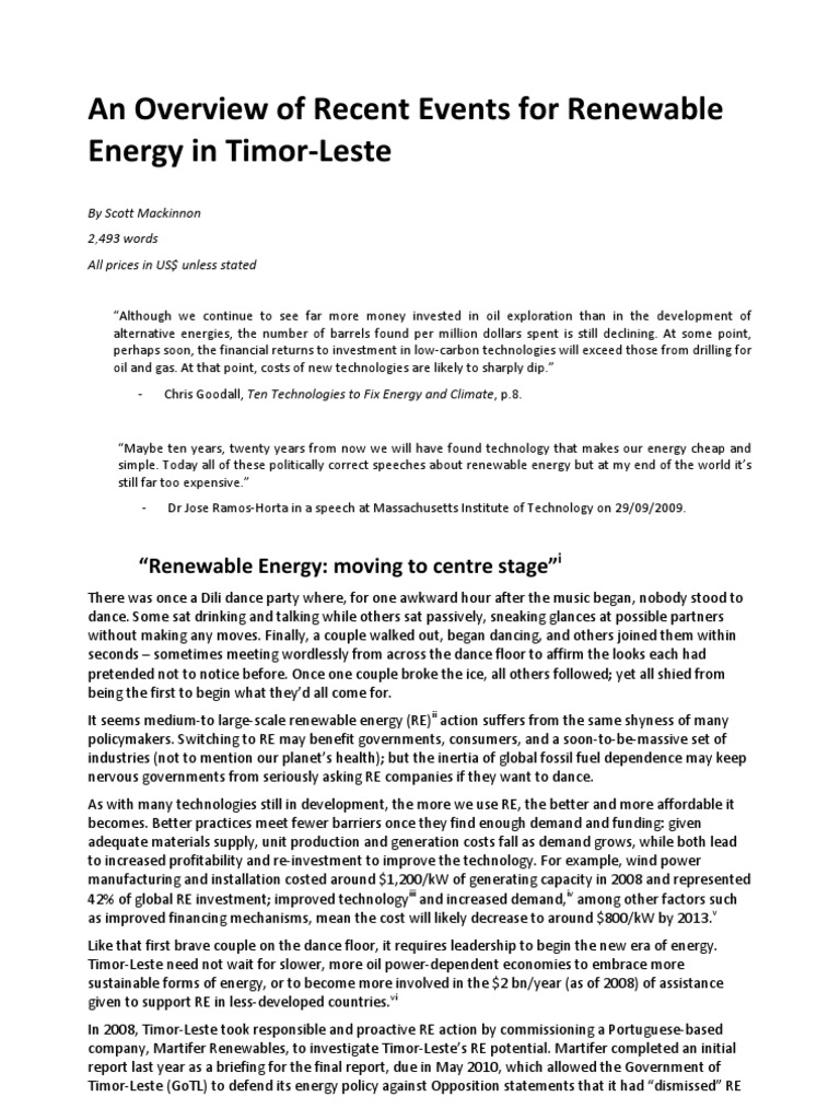 An Overview of Recent Events For Renewable Energy in Timor-Leste (As of ...