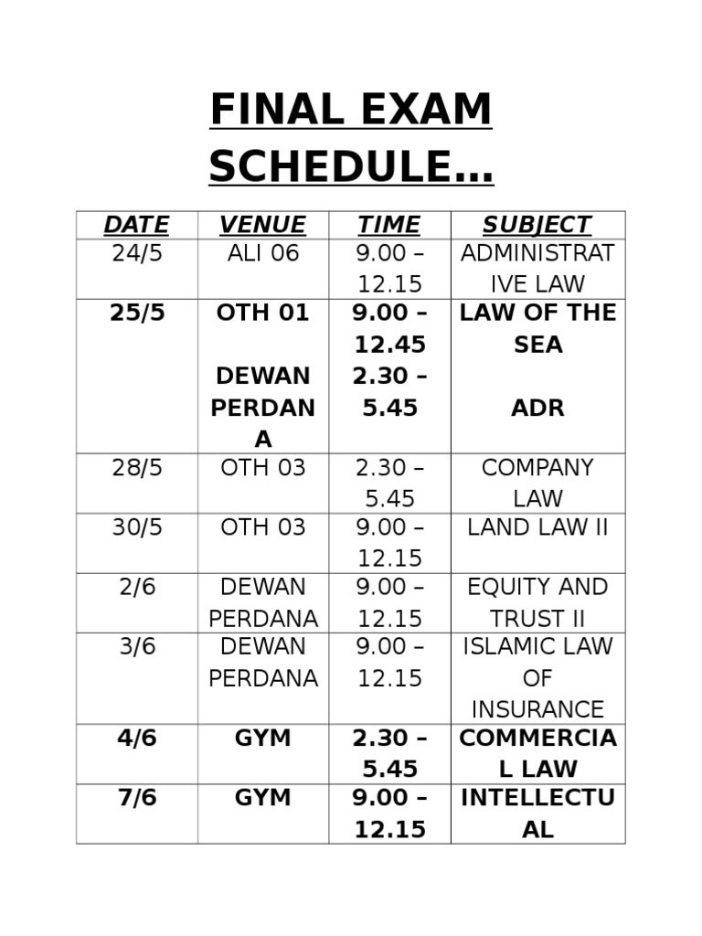 Final Exam Schedule | PDF | Law