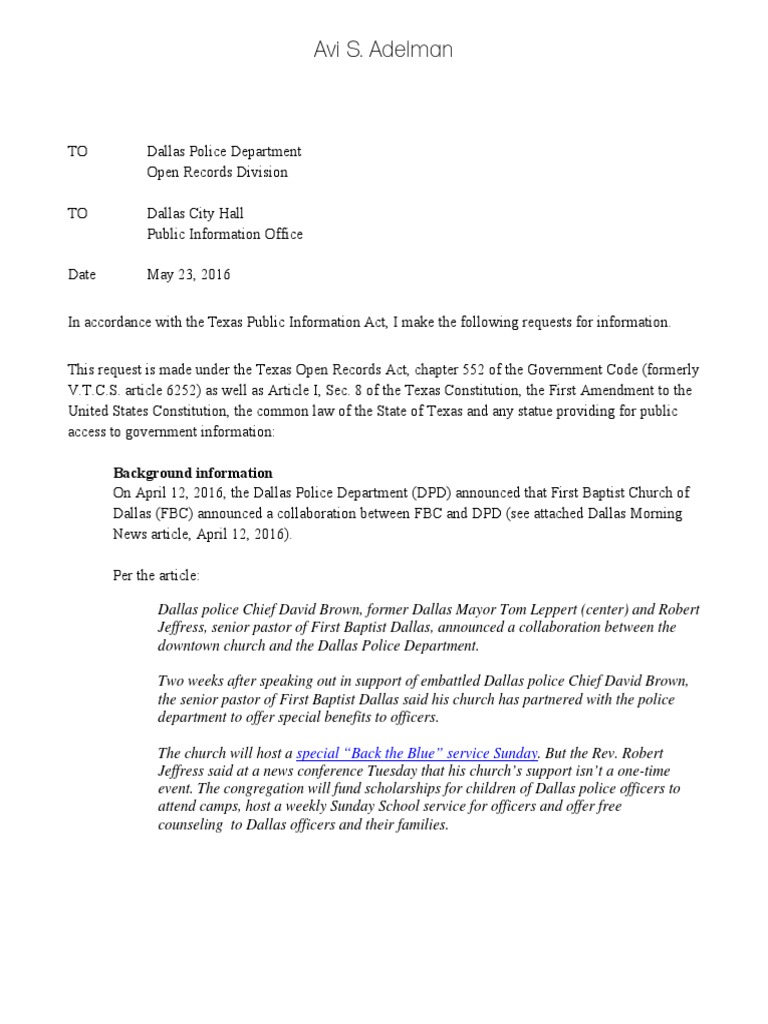 Open Records Request / Dallas Police Department and First Baptist ...