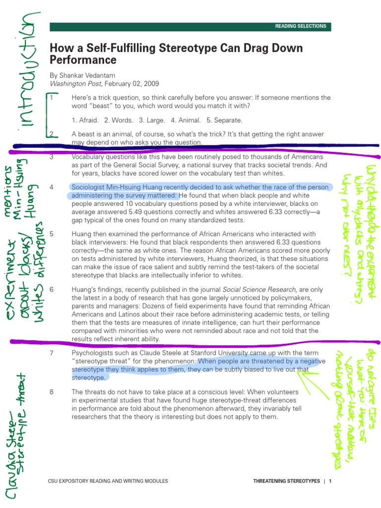 Csu Threatening-Stereotypes Reading v2 Final 1 | PDF | Sat | Stereotypes
