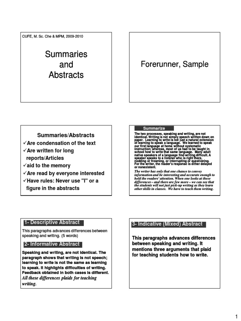 Summaries Summaries and and Abstracts Abstracts: Forerunner, Sample ...