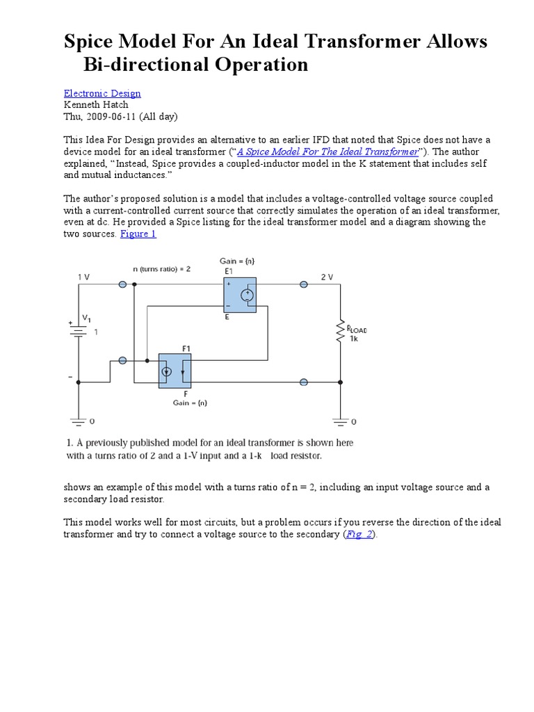 Spice Model For An Ideal Transformer Allows Bidirectional Operation ...