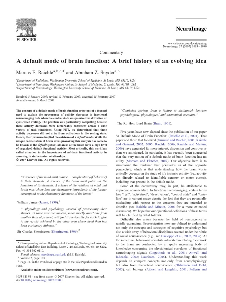 A Default Mode of Brain Function A Brief History of An Evolving Idea | PDF | Functional Magnetic ...