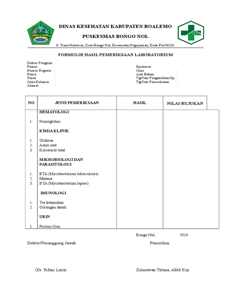 Formulir Pemeriksaan Laboratorium | PDF | Sains & Matematika