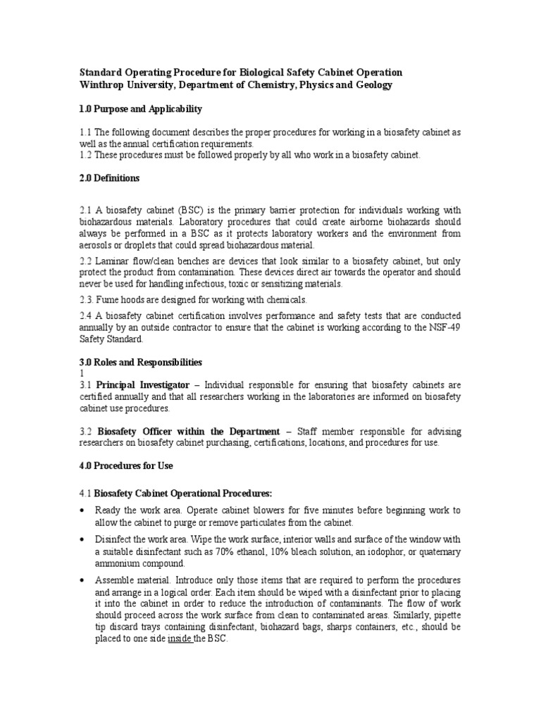 SOP For Biological Safety Cabinet Operation | PDF | Chemistry | Nature