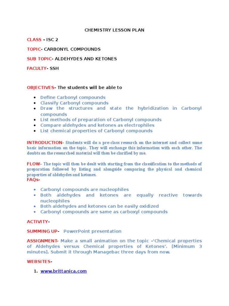 Class Topic Sub Topic Faculty: Chemistry Lesson Plan - Isc 2 - Carbonyl ...