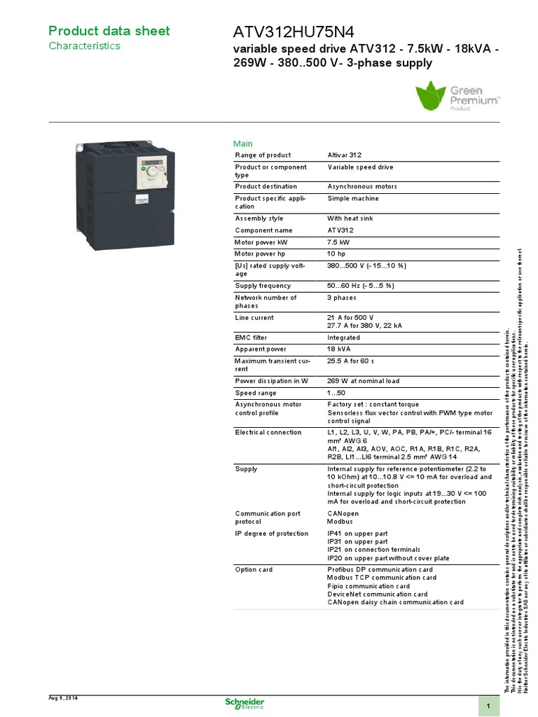 ATV312HU75N4: Product Data Sheet | PDF | Electrical Impedance | Relay