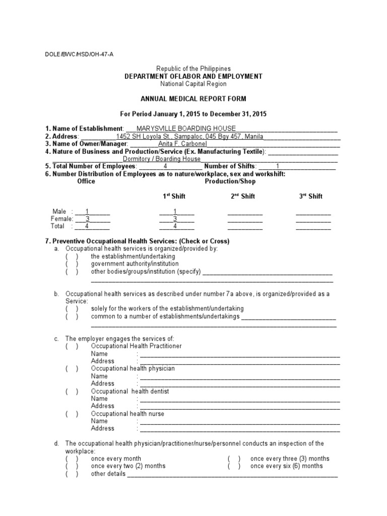 Annual Medical Report | Physical Examination | Occupational Safety And ...