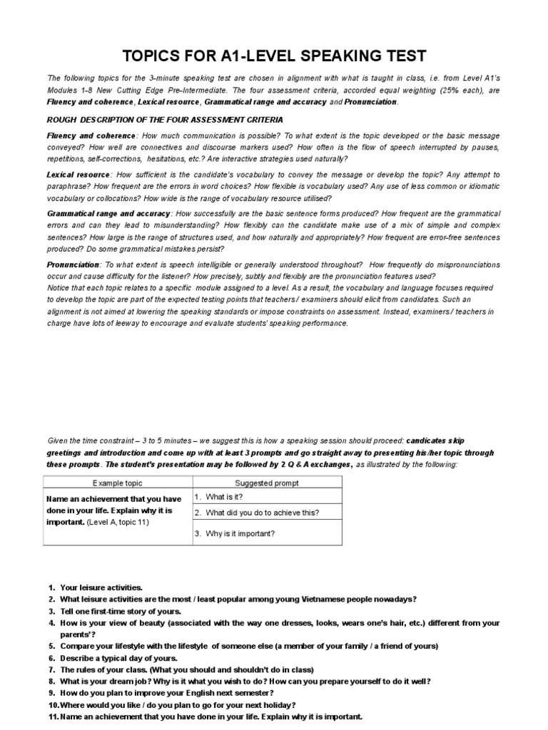 Topics For A1-Level Speaking Test | PDF | Vocabulary | Cognition