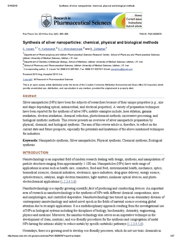 Synthesis of Silver Nanoparticles - Chemical, Physical and Biological Methods | PDF ...