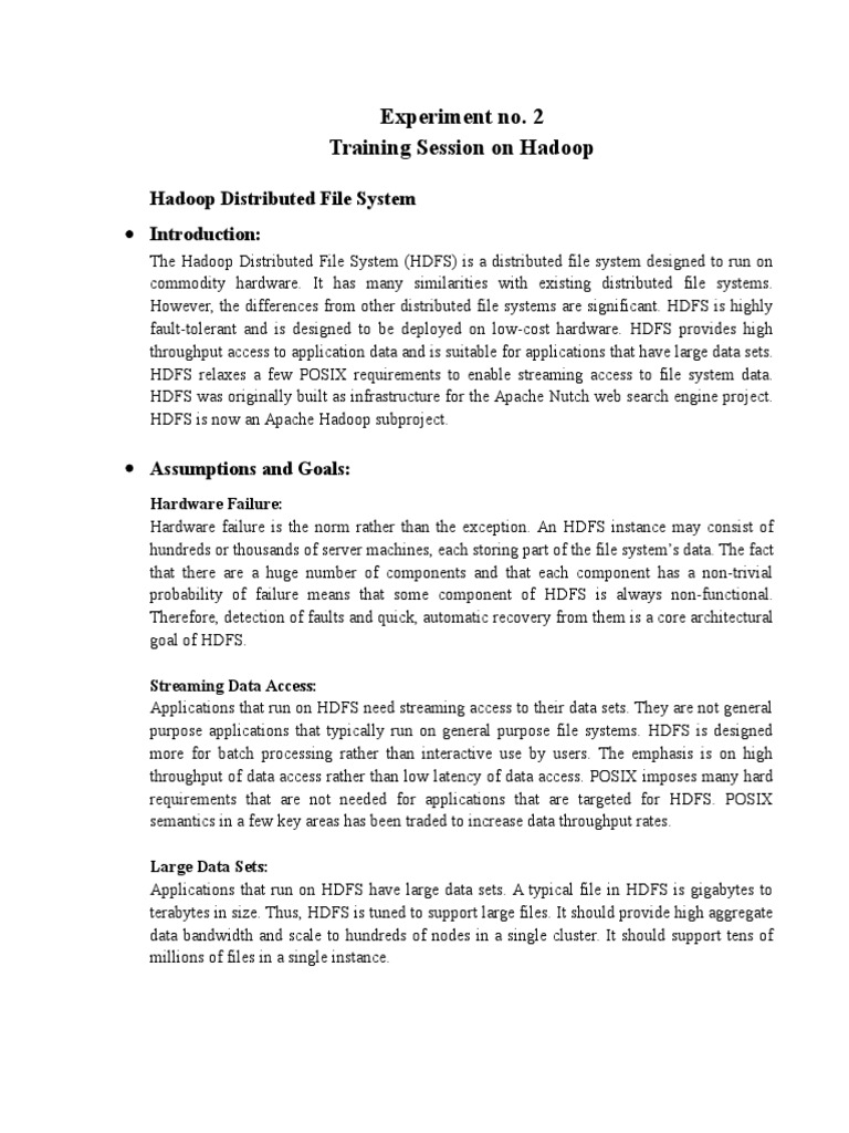 Experiment No. 2 Training Session On Hadoop: Hadoop Distributed File System | PDF | Apache ...