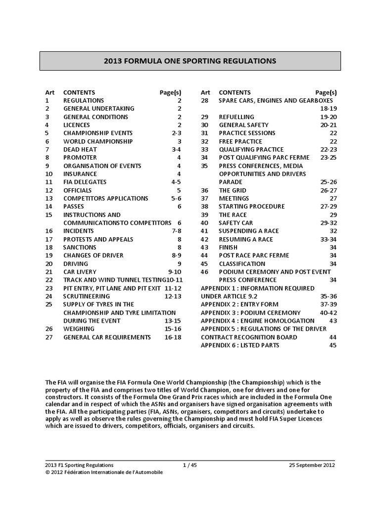 2013 Sporting Regulations | PDF | Formula One | Fédération ...
