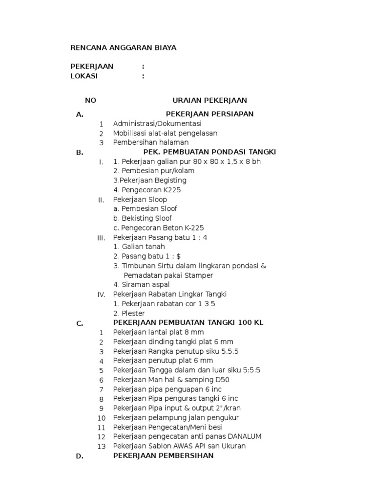 Contoh 78391312 Rab Pembuatan Tangki 100 KL | PDF