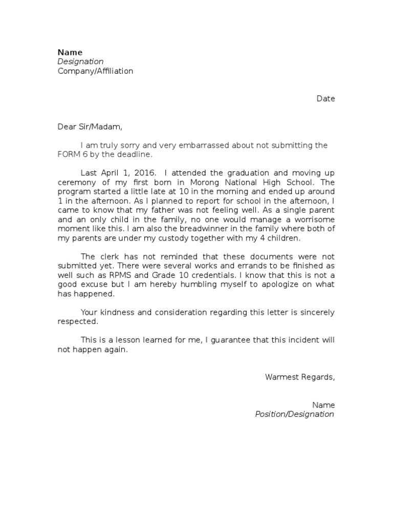 Letter of Apology For Late Submission | PDF | Childhood | Family
