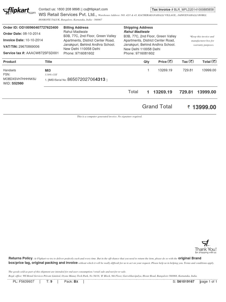 WS Retail Services Pvt. LTD.,: Grand Total | PDF
