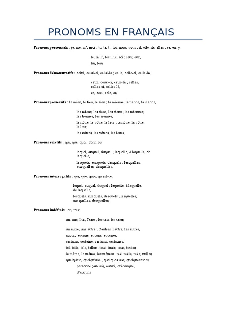 Pronoms en Français | PDF | Pronom | Conjugaison