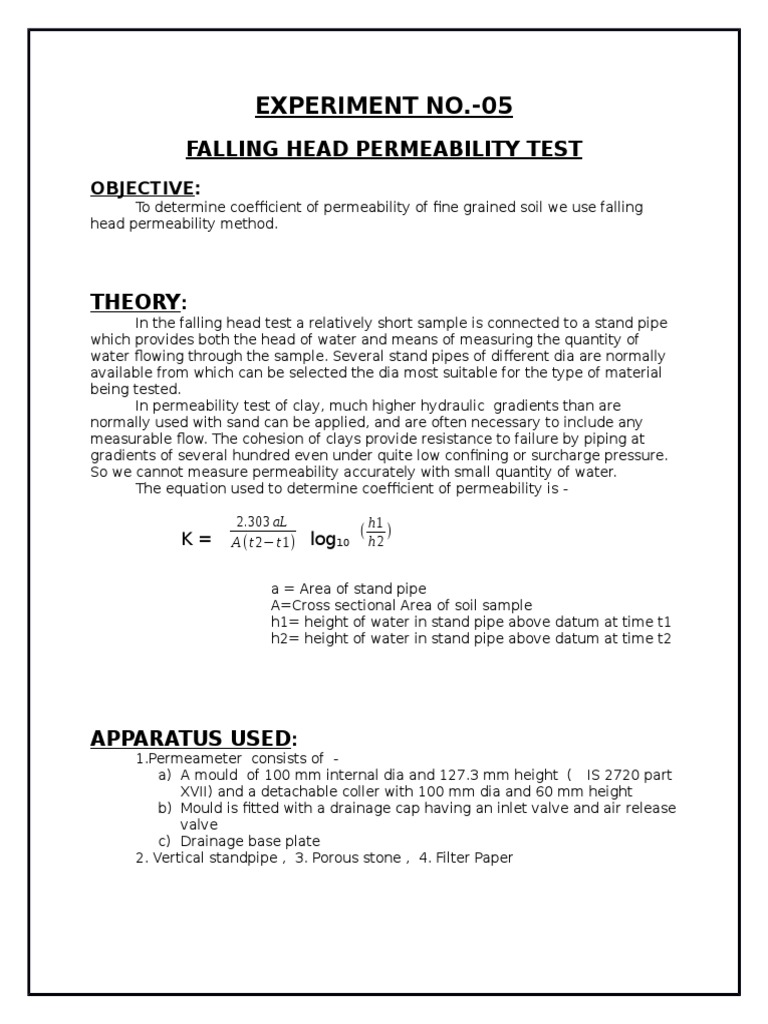 Determination of Permeability of Soil by Falling Head Method ...