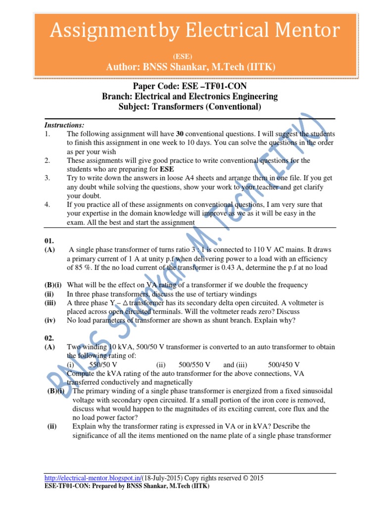 Assignment by Electrical Mentor: Author: BNSS Shankar, M.Tech (IITK) | PDF | Transformer | Inductor
