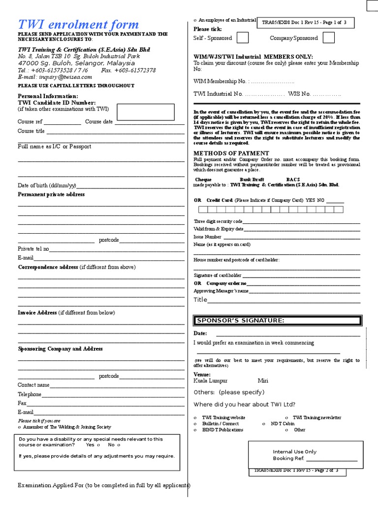 TWI Enrolment Form-1 | Test (Assessment) | Crimes