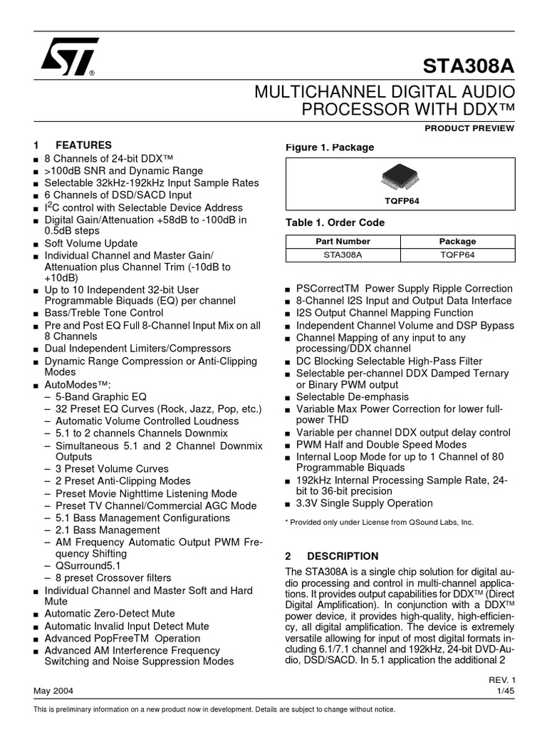 STA308A: Multichannel Digital Audio Processor With DDX™ | PDF | Information And Communications ...