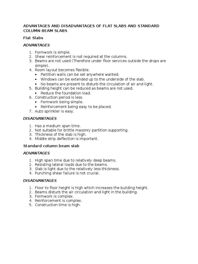 Advantages and Disadvantages of Flat Slabs and Standard Column Beam Slabs | PDF