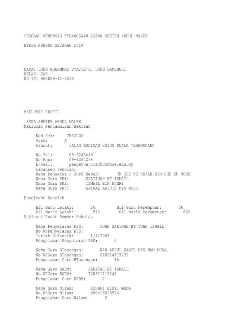 Sejarah Smka Sheikh Abdul Malek | PDF