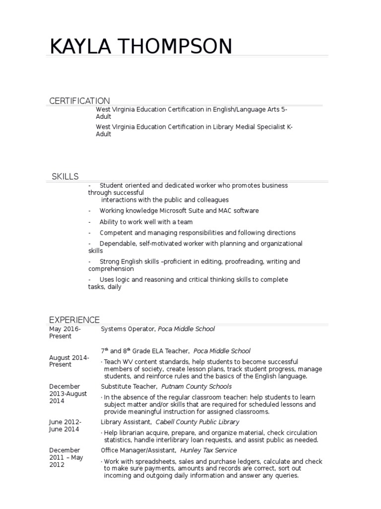 Kayla Thompson: English Educator & Skills | PDF