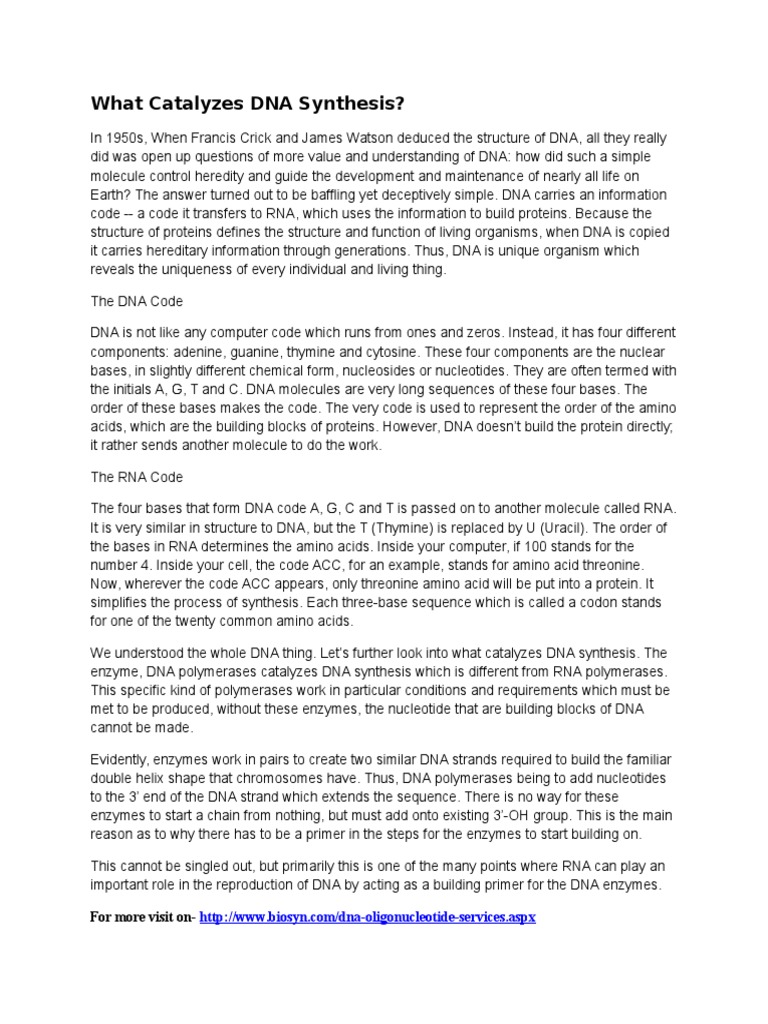 Catalysts of DNA Synthesis Explained | PDF | Biosynthesis | Dna