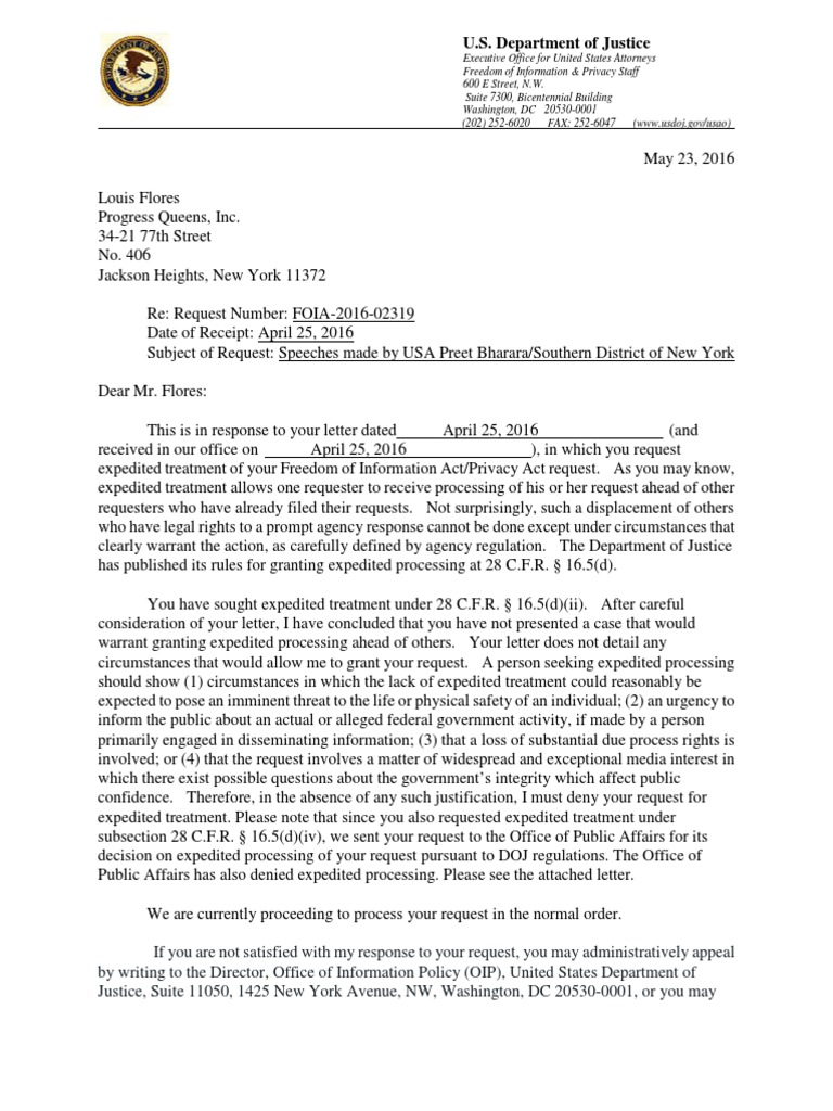 2016-05-23 Flores, Louis - USDOJ EOUSA - Expedited Response Letter ...