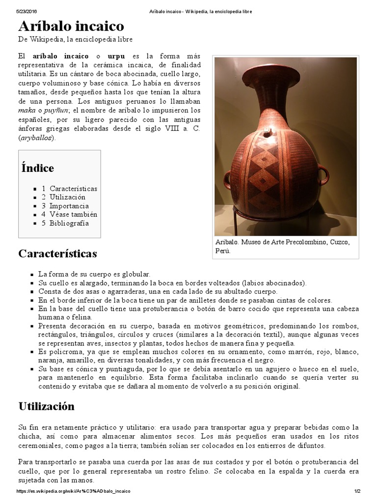 Aríbalo Incaico - Wikipedia, La Enciclopedia Libre | PDF | Imperio Inca ...
