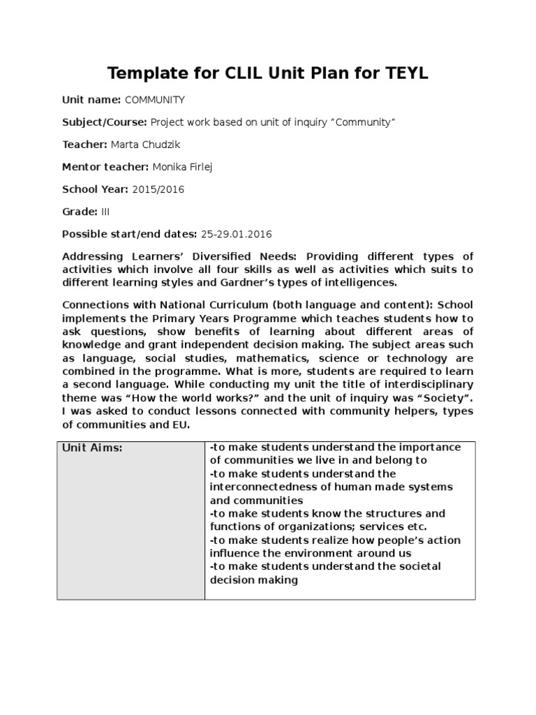 CLIL Unit Plan: Community for TEYL | PDF | Reading Comprehension | Lesson Plan