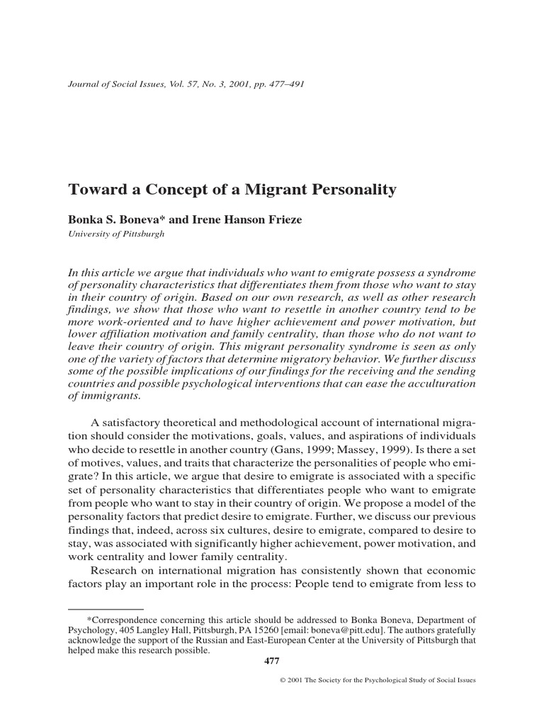 Boneva y Hanzon 2001. Toward A Concept of A Migrant Personality | PDF | Immigration | Motivation