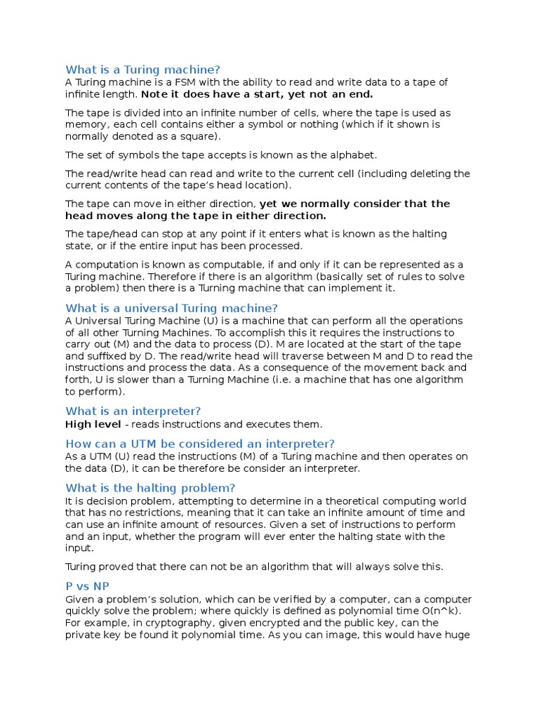 Turing Machine Notes | PDF | Areas Of Computer Science | Cognitive Science