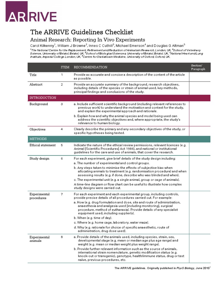 NC3Rs ARRIVE Guidelines Checklist (Fillable) PDF | PDF | Experiment ...