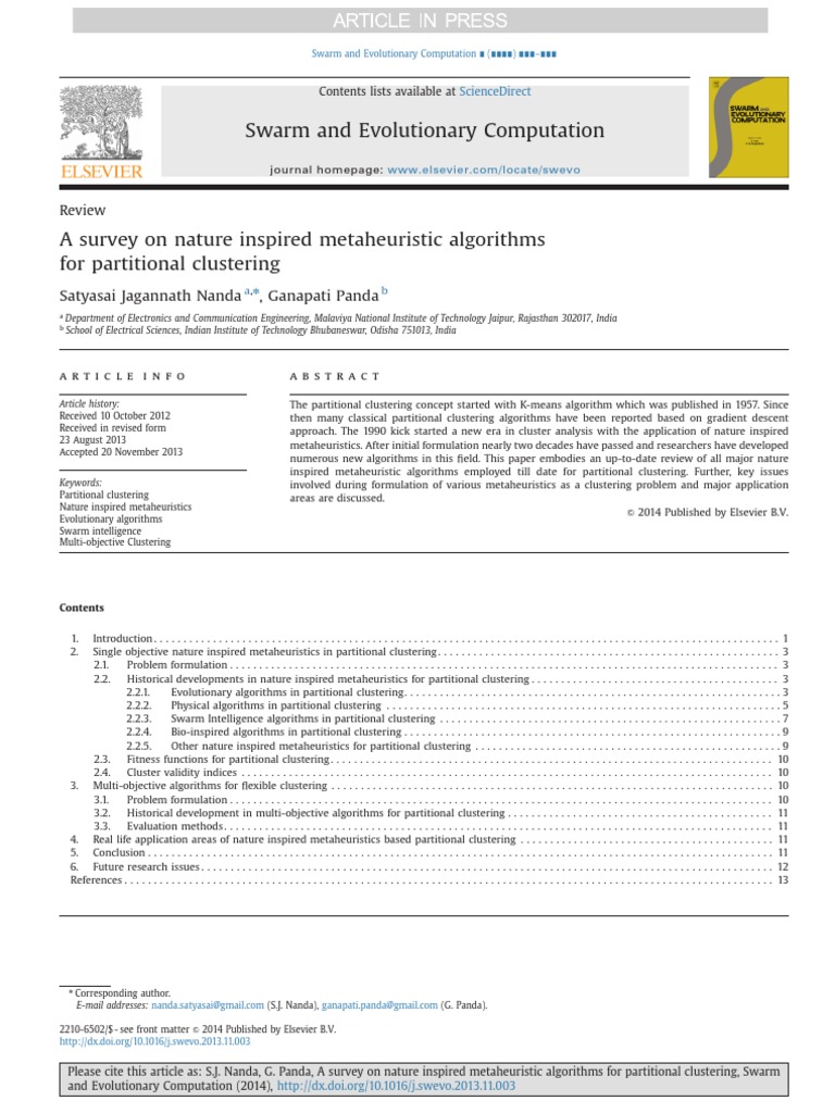 Nanda and Panda 2013 - A Survey On Nature Inspired Metaheuristic Algorithms For Partitional ...