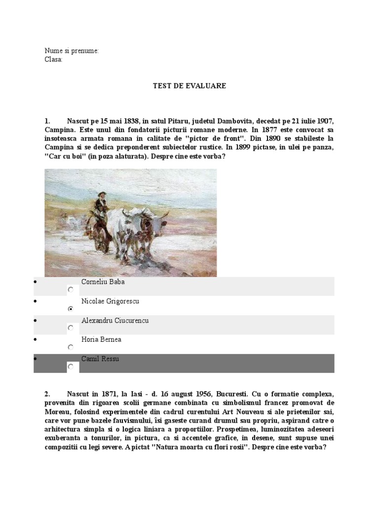 Test de Evaluare Istoria Artei | PDF