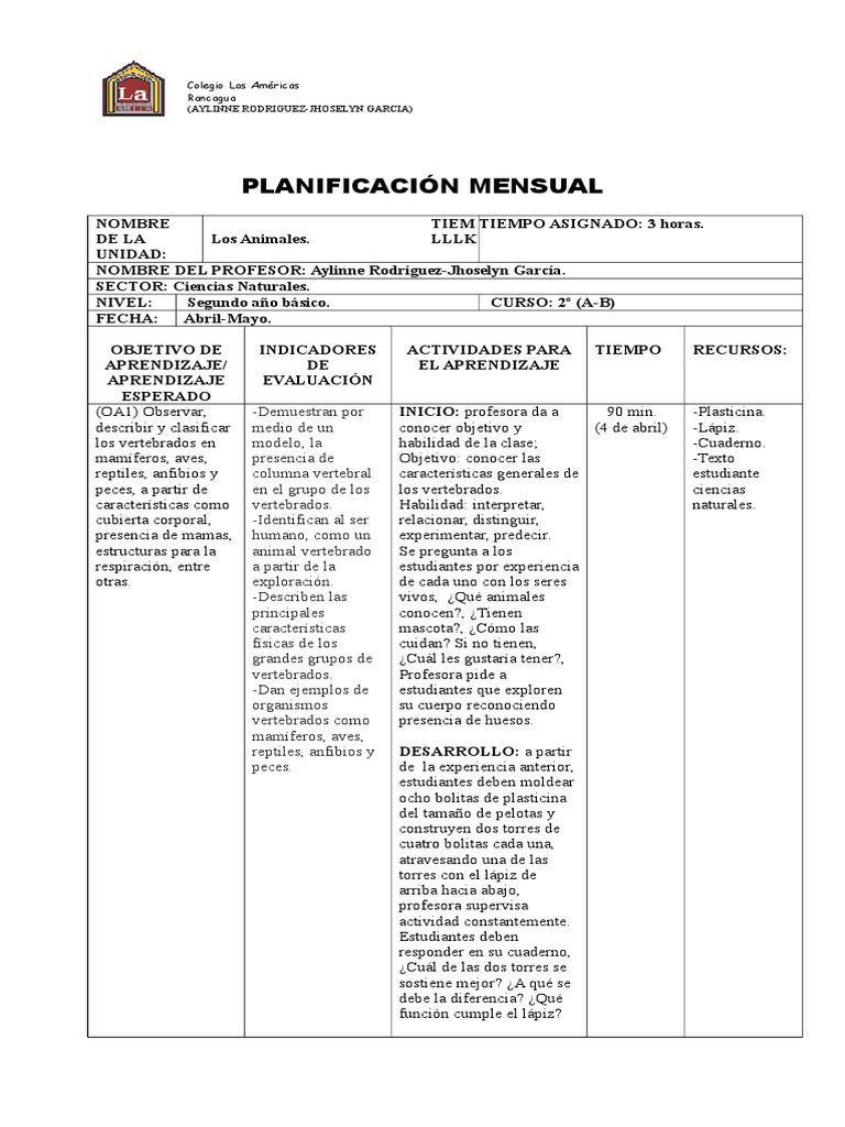 Planificacion Mensual Ciencias Naturales 2º | PDF | Vertebrados | Mamíferos
